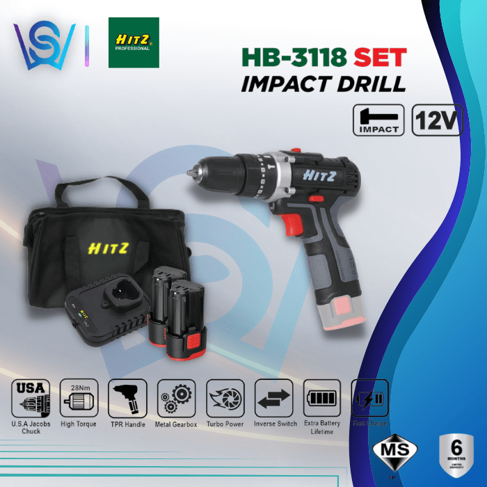 HITZ CORDLESS POWER TOOL IMPACT DRILL 12V MODEL: HB-3118 - Sumwu Concept